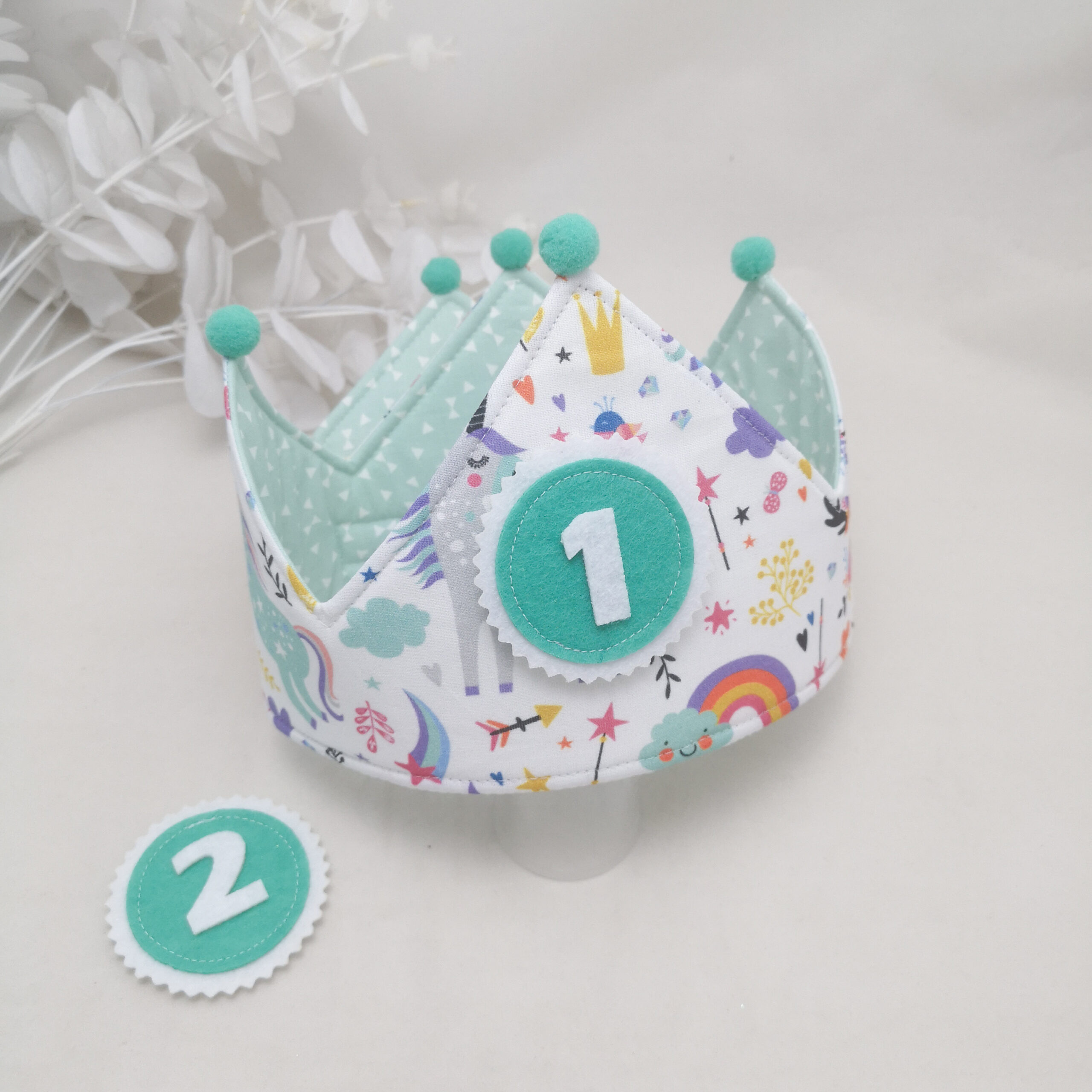 Corona cumpleaños reversible unicornios-mint